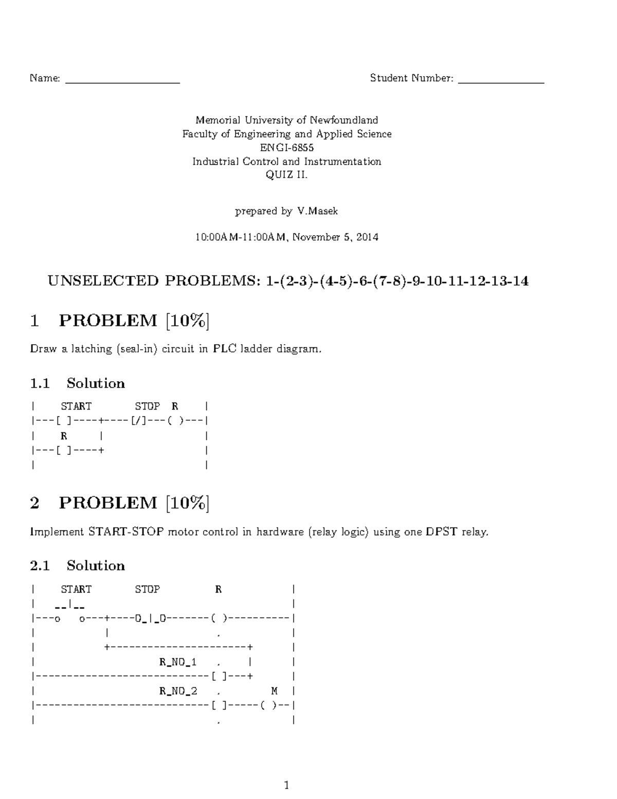 6855 2014 Q2 sol - quiz 2 solutions - Name: Student Number: Memorial University of Newfoundland ...