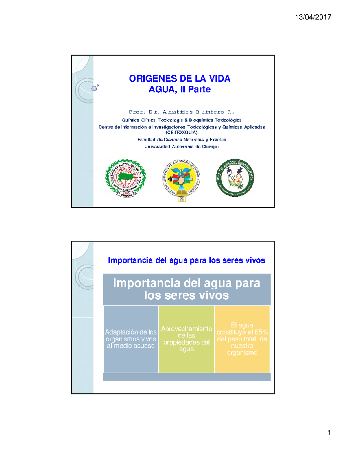 Clase 2-2017 Agua-II Parte - ORIGENES DE LA VIDA AGUA, II Parte Prof ...