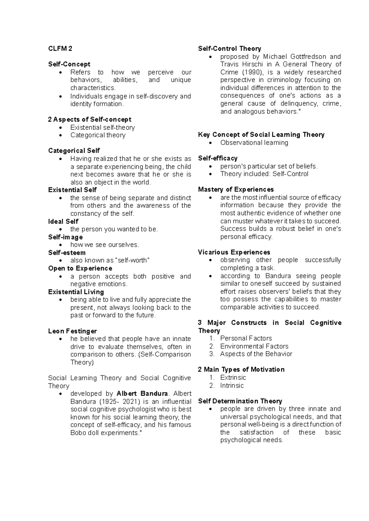 CLFM-2 Reviewer - Summary BS Criminology - CLFM 2 Self-Concept - Refers ...