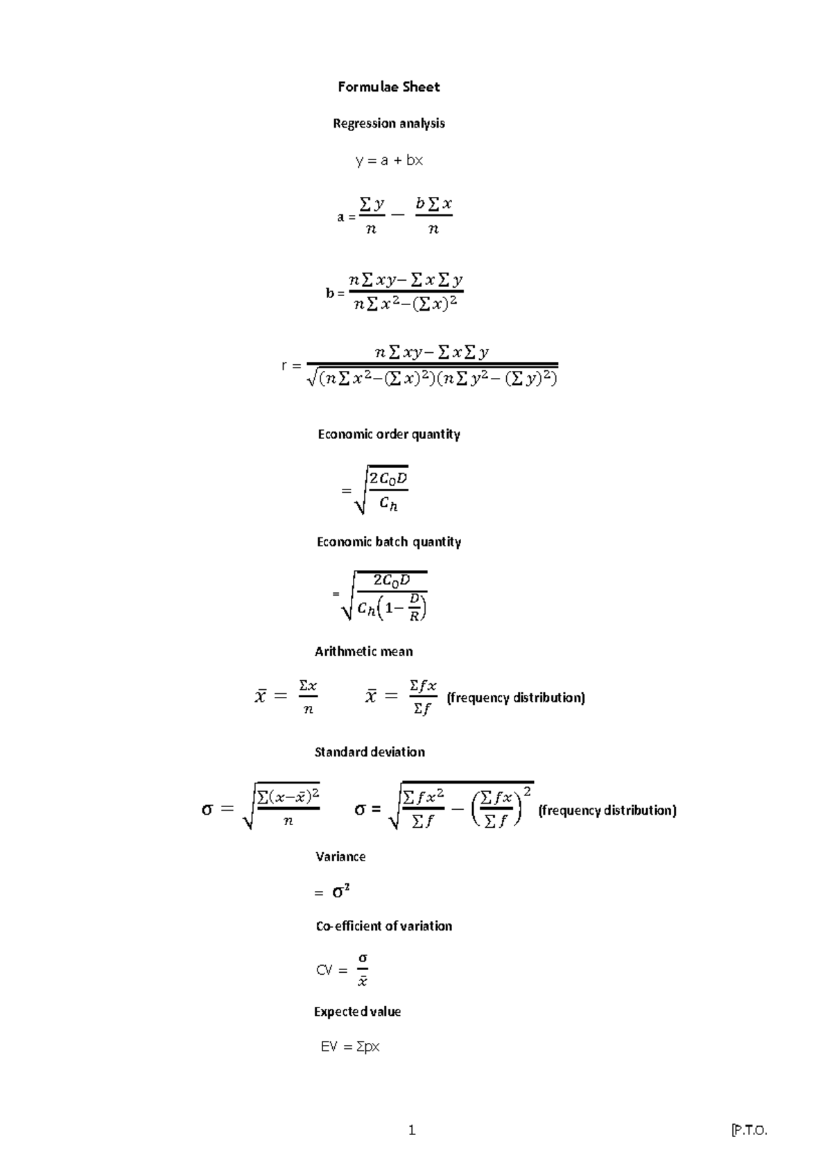 FMA MA Formula Sheet Use Ful 1 P T Formulae Sheet Regression