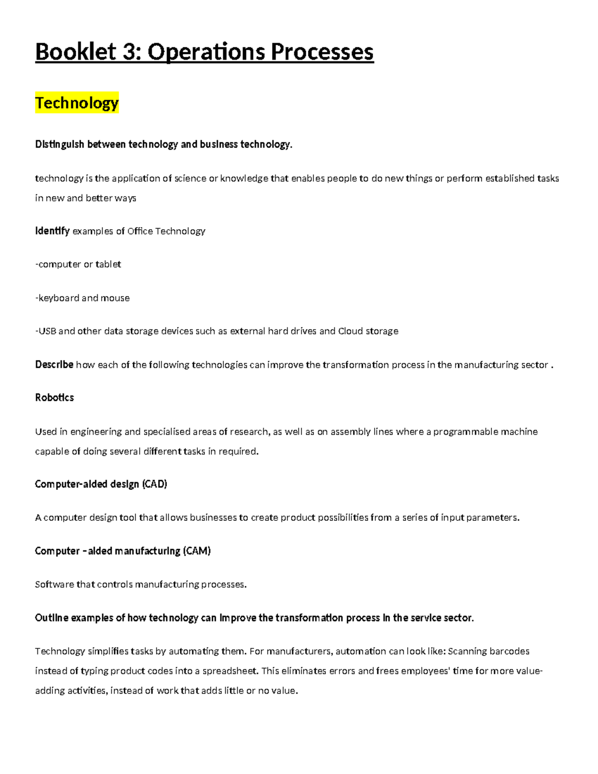 Transformations Technology, Task design, layout - Booklet 3: Operations Processes Technology ...