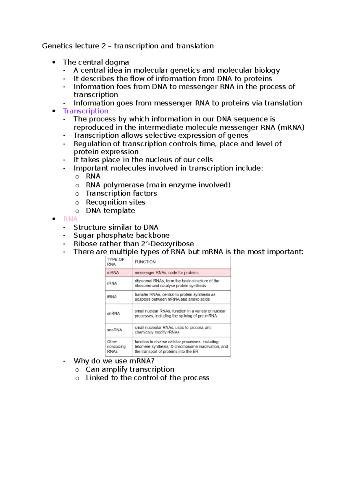 Genetics lecture 2 - notes - Genetics lecture 2 – transcription and ...
