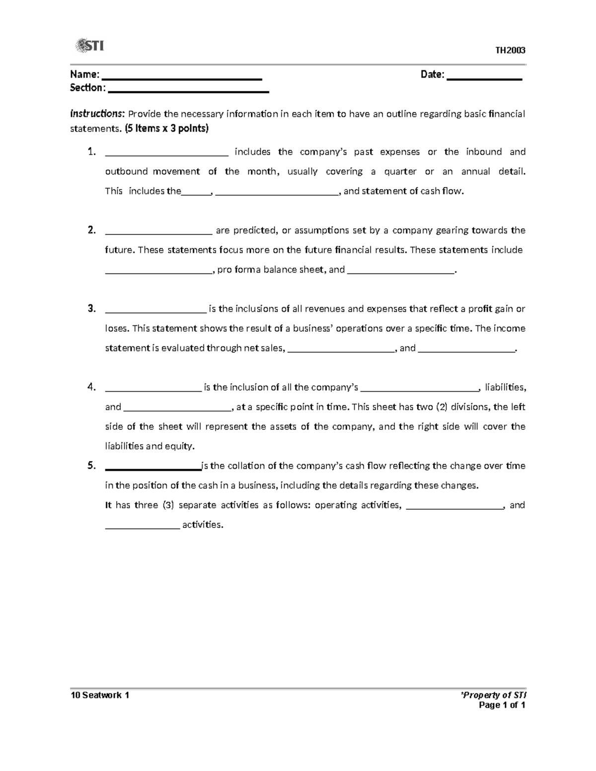 10 Seatwork 1 - TH Name: Date: Section: Instructions: Provide the ...