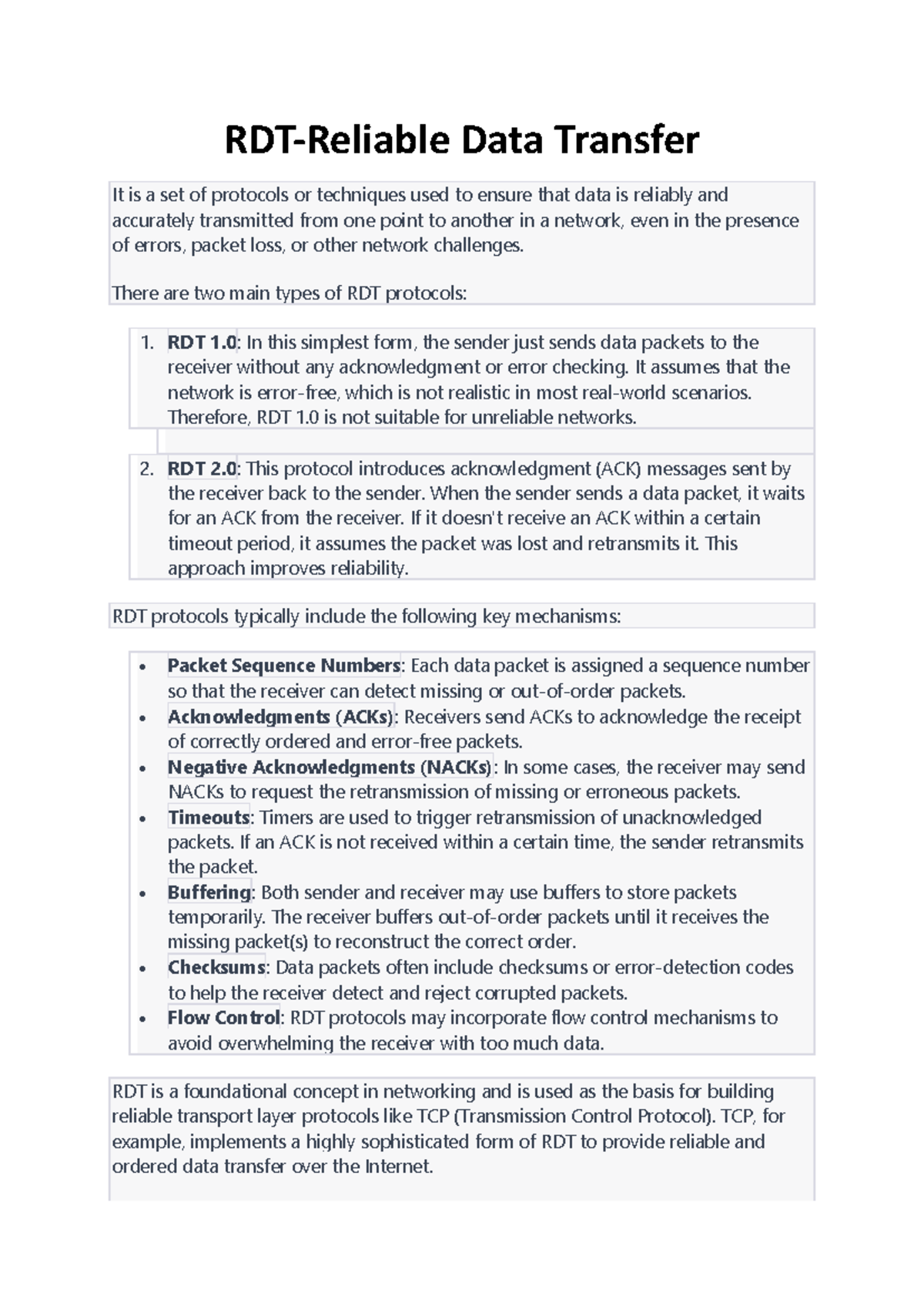 RDT - THIS IS NOTE - RDT-Reliable Data Transfer It is a set of protocols or techniques used to ...