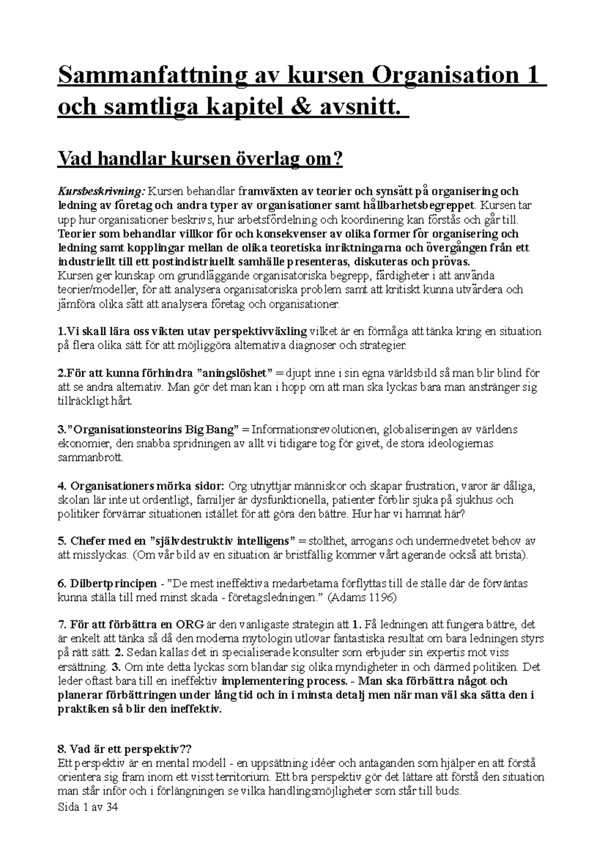 Wordfil. Sammanfattning av ORG1 och de 4 perspektiven Strktur, Hr, Politik och symbol - - Studocu