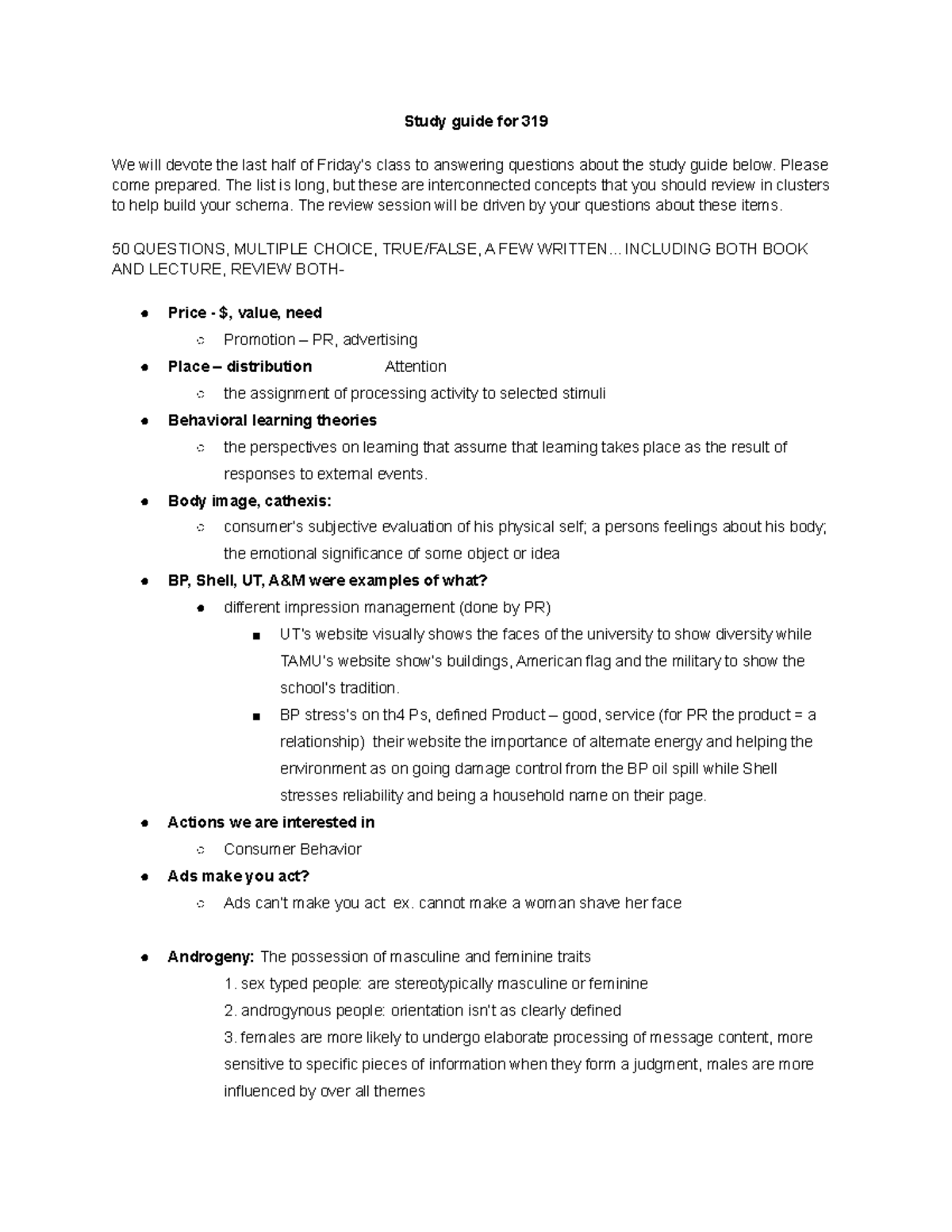 ADV319Test1Review - Congregated class notes - Study guide for 319 We ...