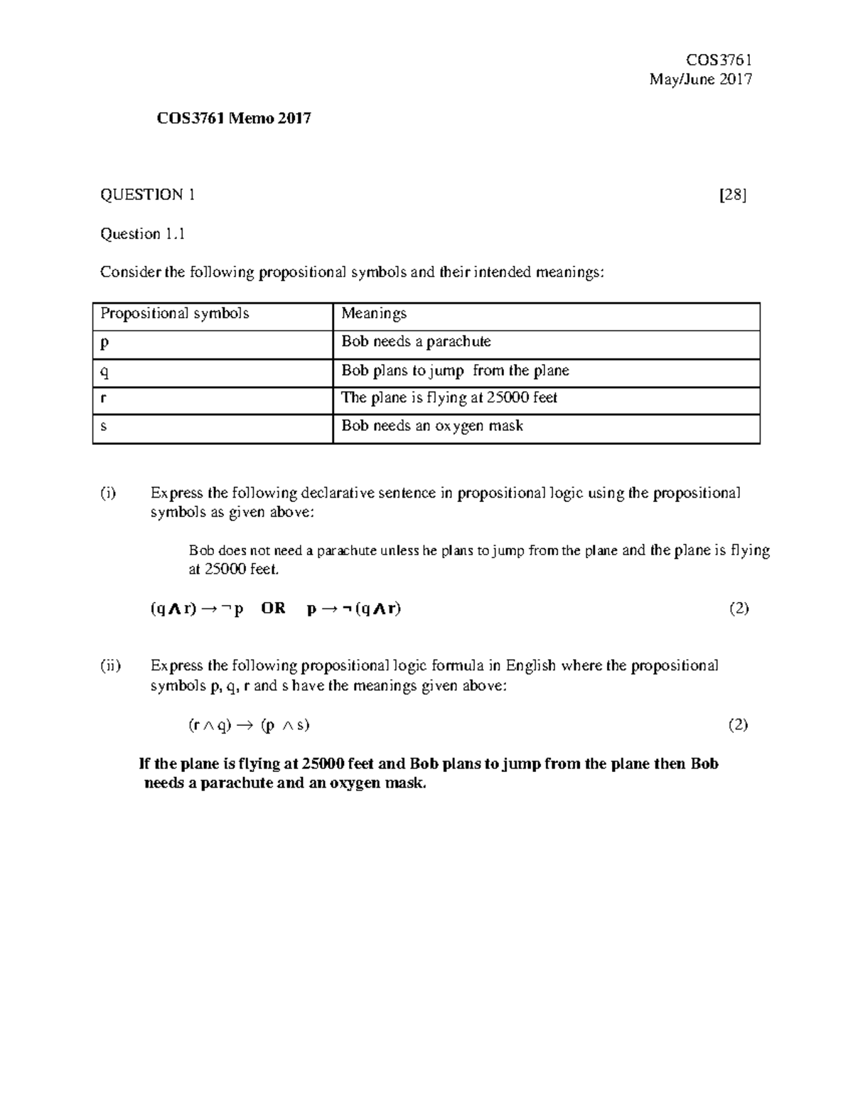 Cos3761memo May 2017 final - May/June 2017 COS3761 Memo 2017 QUESTION 1 [28] Question 1 ...