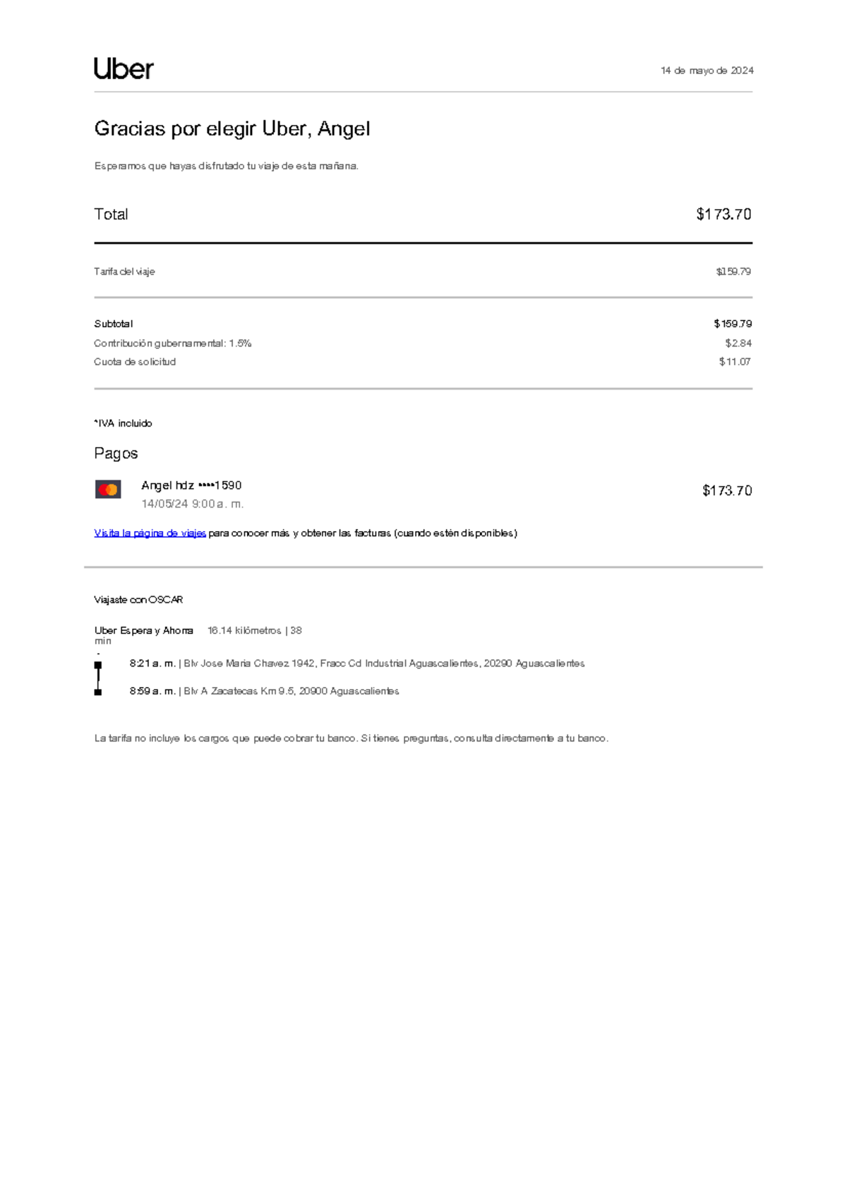 Receipt 14may2024 150021 - Angel hdz •••• 14/05/24 9:00 a. m. 8:21 a. m ...