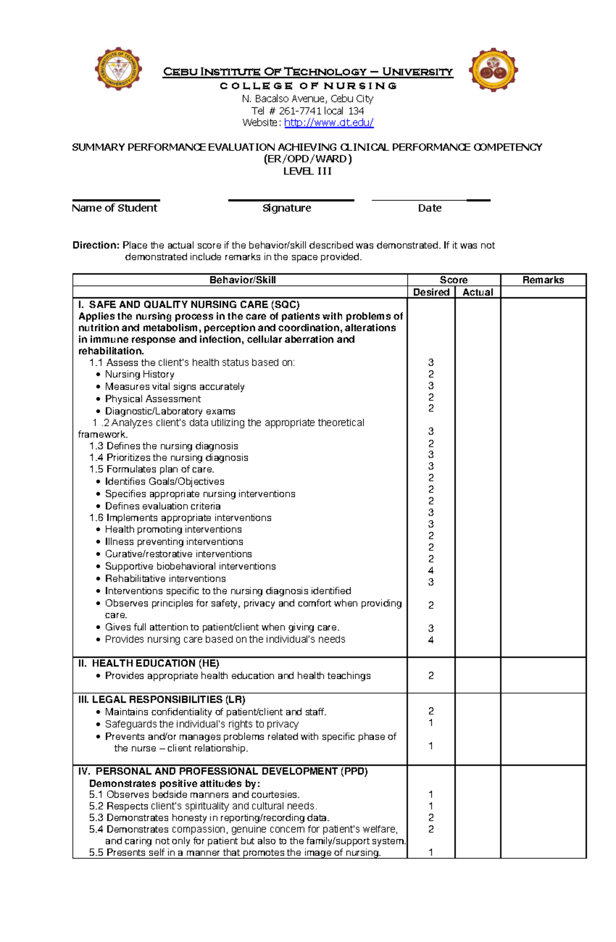Performance Evaluation ER OPD Ward - Cebu Institute Of Technology ...