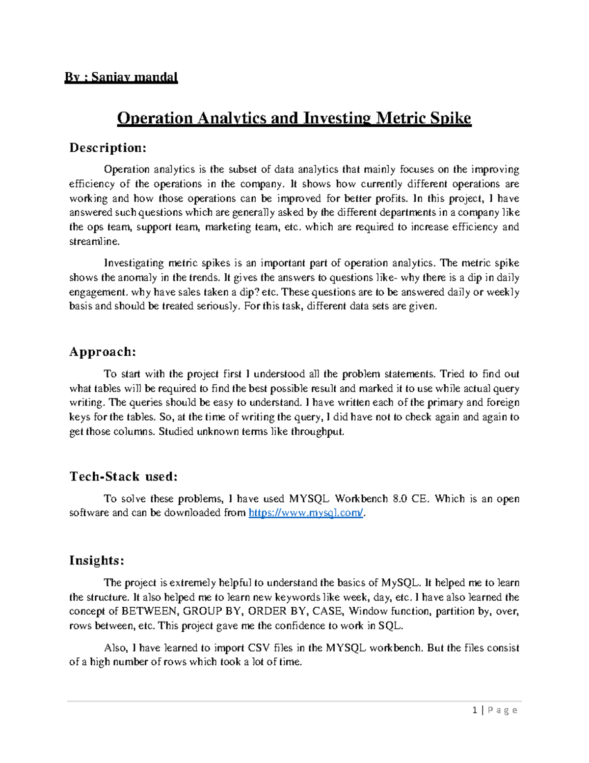 Operation analyst and investigating metric spike - By : Sanjay mandal ...