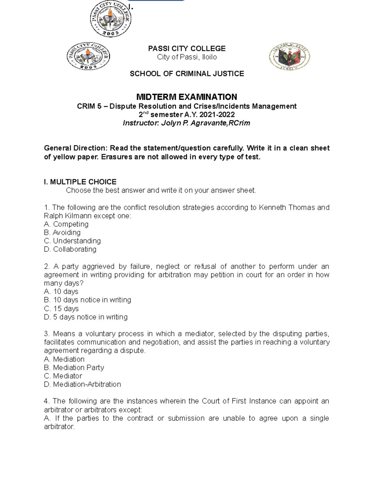 Crim 5 Midterm EXAM - Salamat - PASSI CITY COLLEGE City of Passi ...