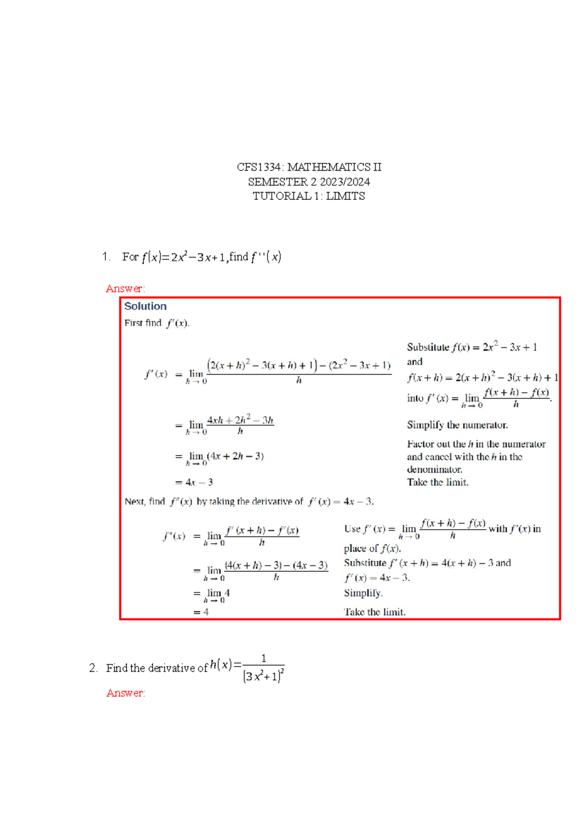 CFS1334 Mathematics II - Tutorial 2 Answer - CFS1334: MATHEMATICS II SEMESTER 2 2023/ TUTORIAL 1 ...