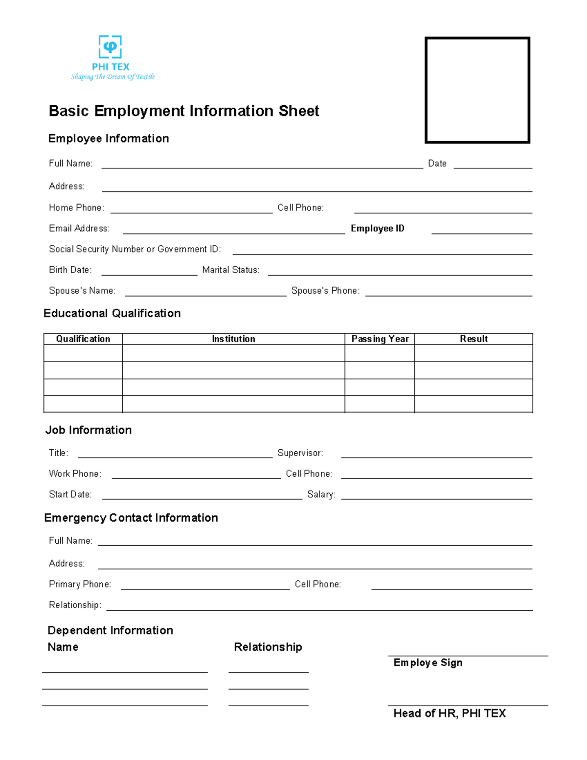 Employee Information Form V - Basic Employment Information Sheet ...