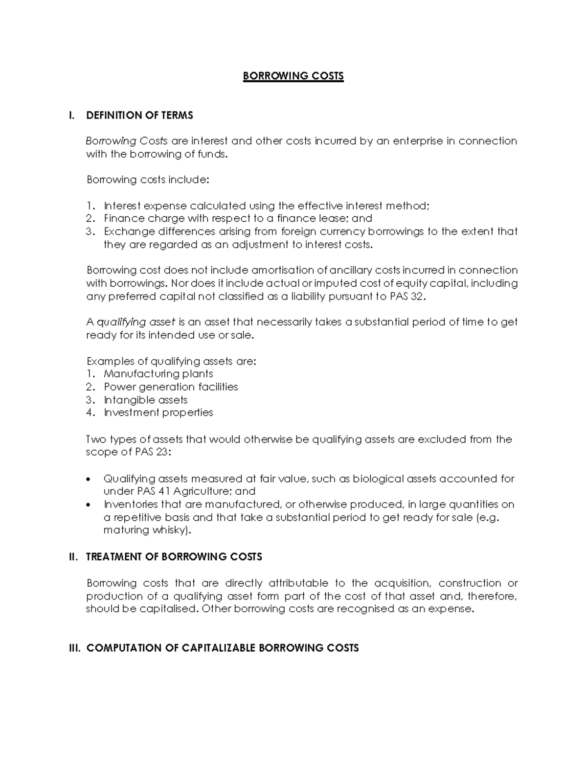 Borrowing Costs - NOTES - BORROWING COSTS I. DEFINITION OF TERMS ...