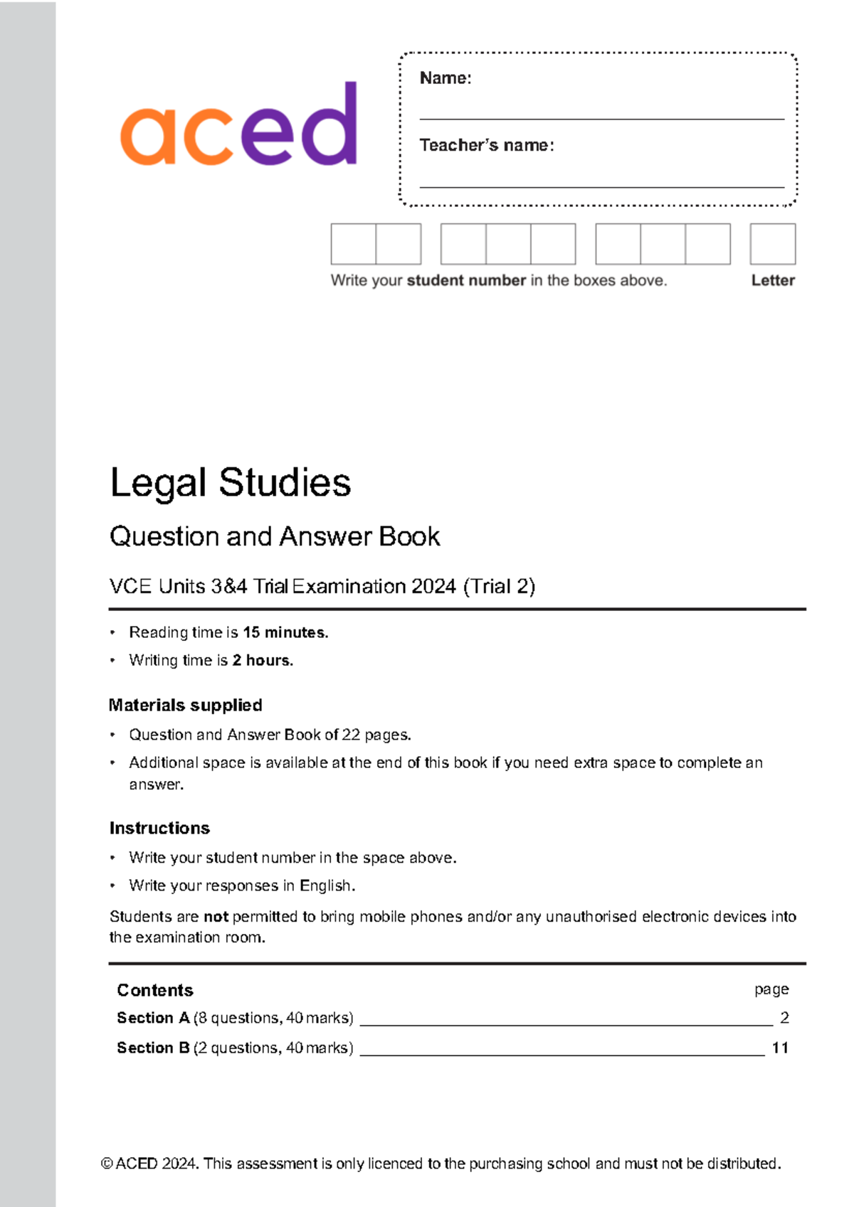 ACED Units 3&4 Legal Studies Trial Exam 2024 (Trial 2) - Question and ...