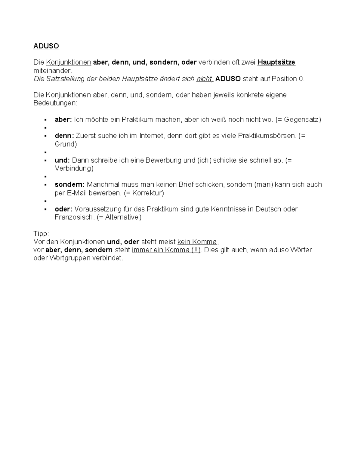 Aduso - ADUSO Die Konjunktionen aber, denn, und, sondern, oder ...