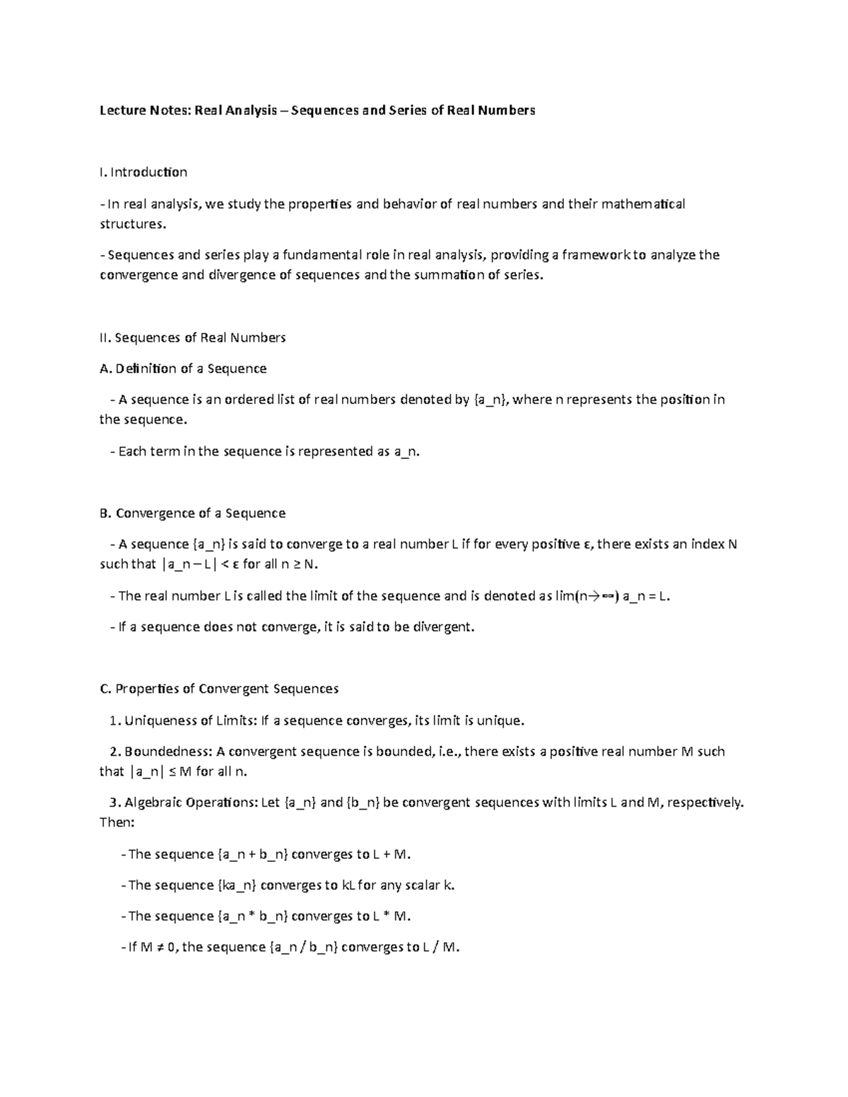 Lecture Notes: Real Analysis – Sequences and Series of Real Numbers ...