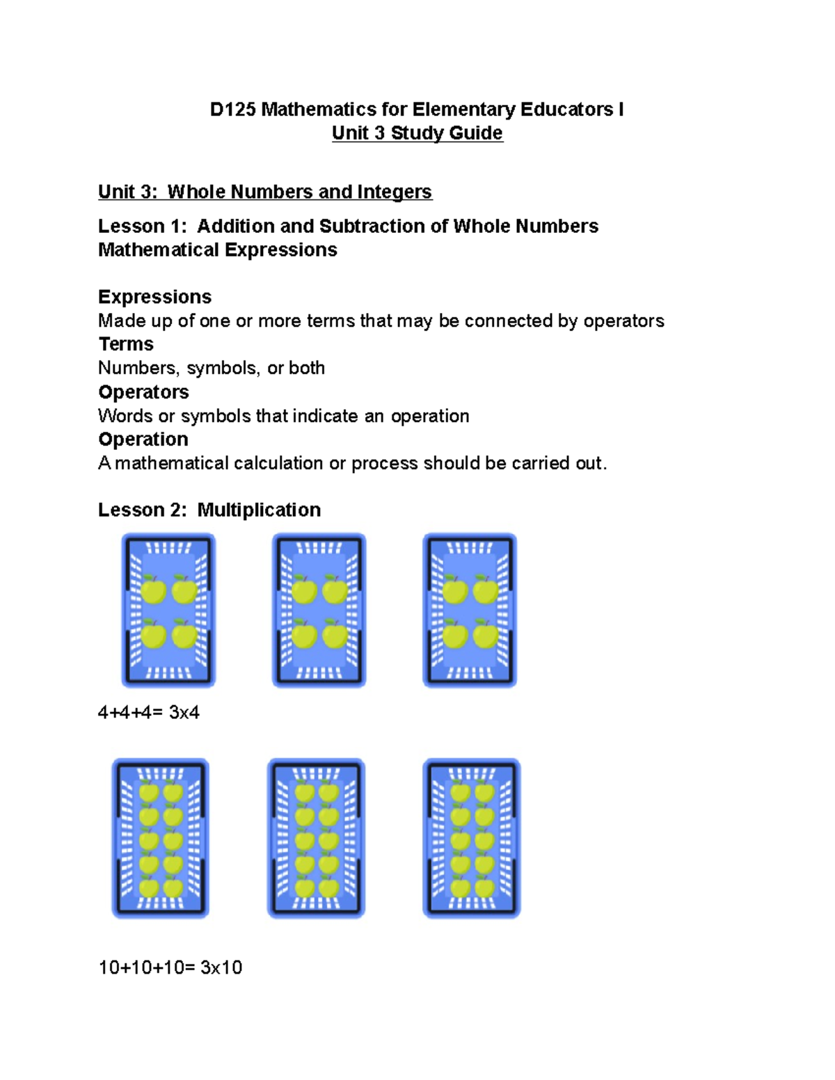 D125 Unit 3 Study Guide - D125 Mathematics for Elementary Educators I ...