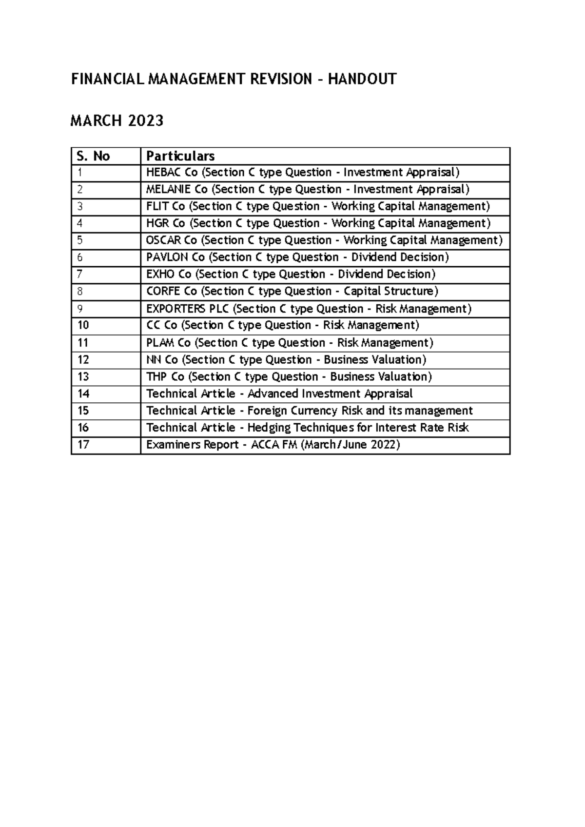 FM Revision Handouts - March 2023 - FINANCIAL MANAGEMENT REVISION ...