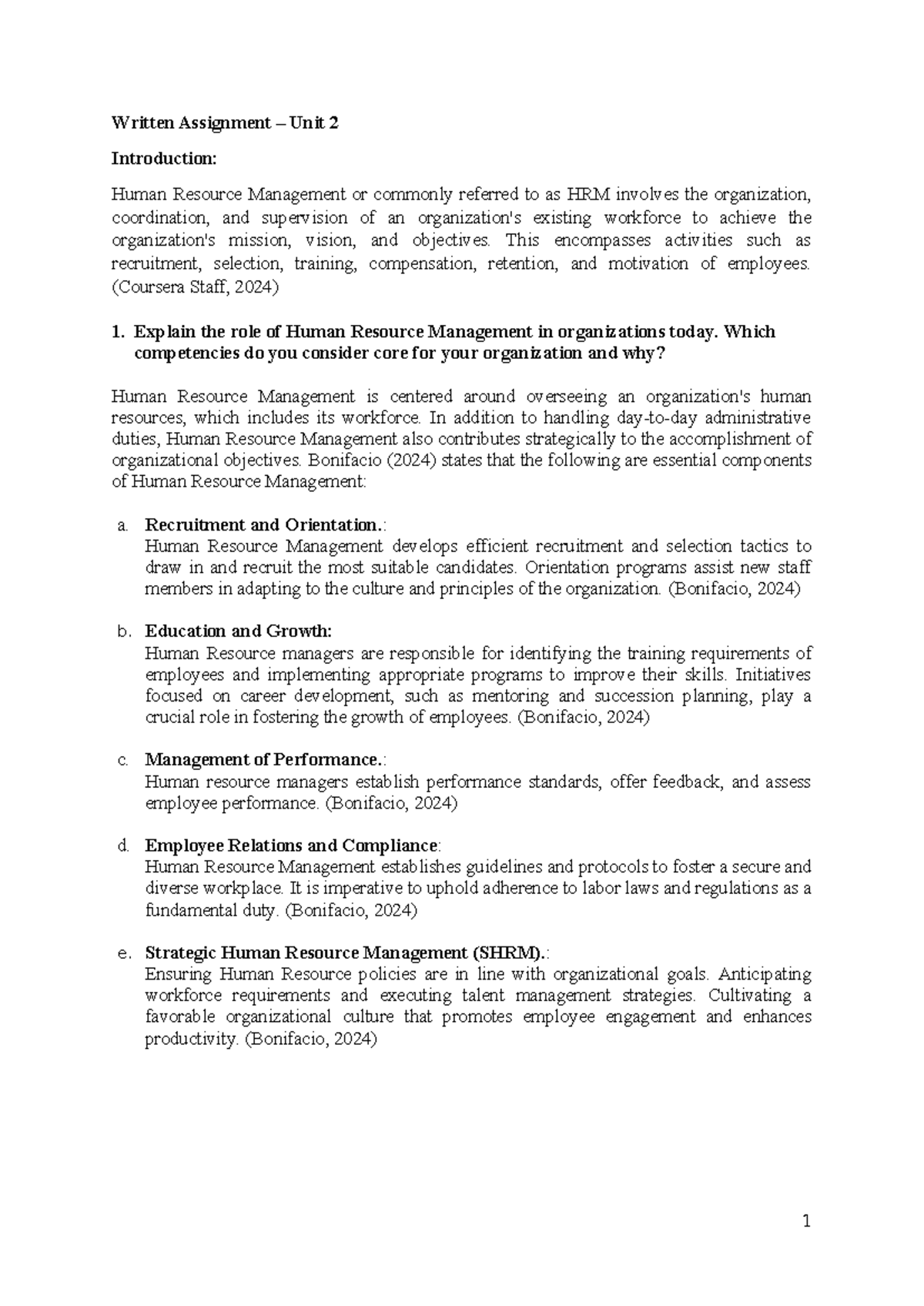 Human Resource Management Written Assignment - Unit 2 Insights ...