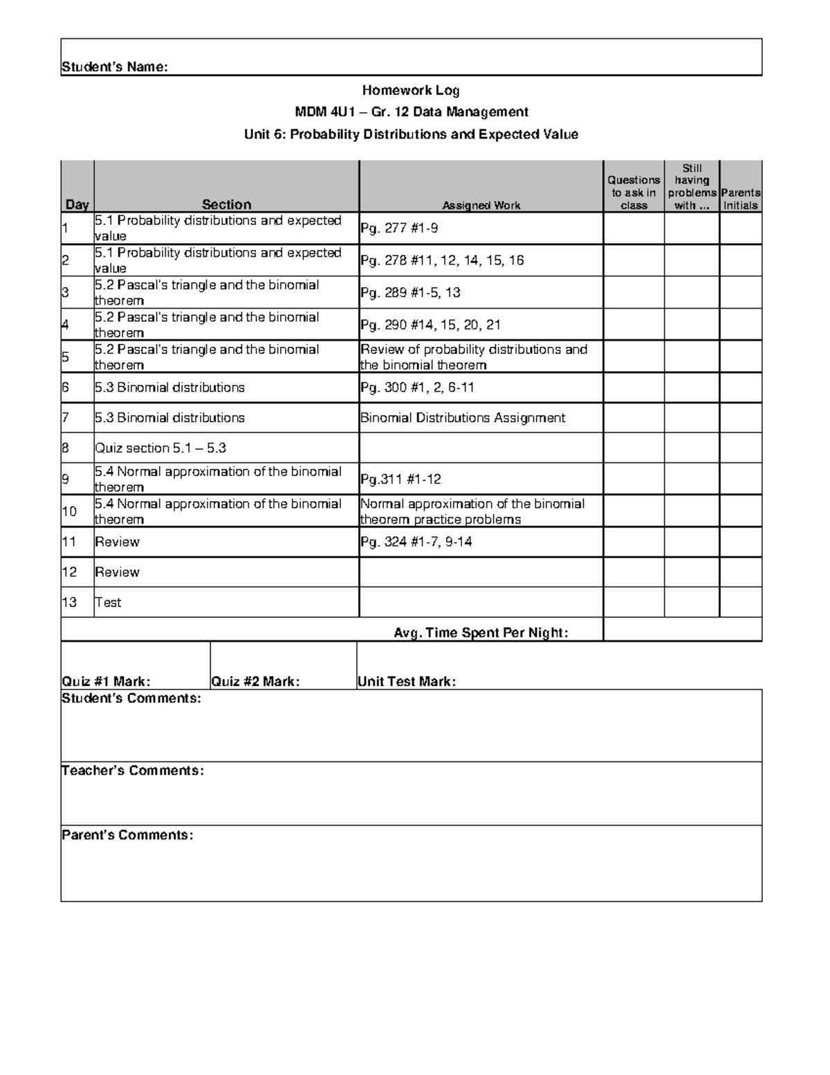 Ch 5 Notes Blank - Student's Name: Homework Log MDM 4U1 – Gr. 12 Data ...