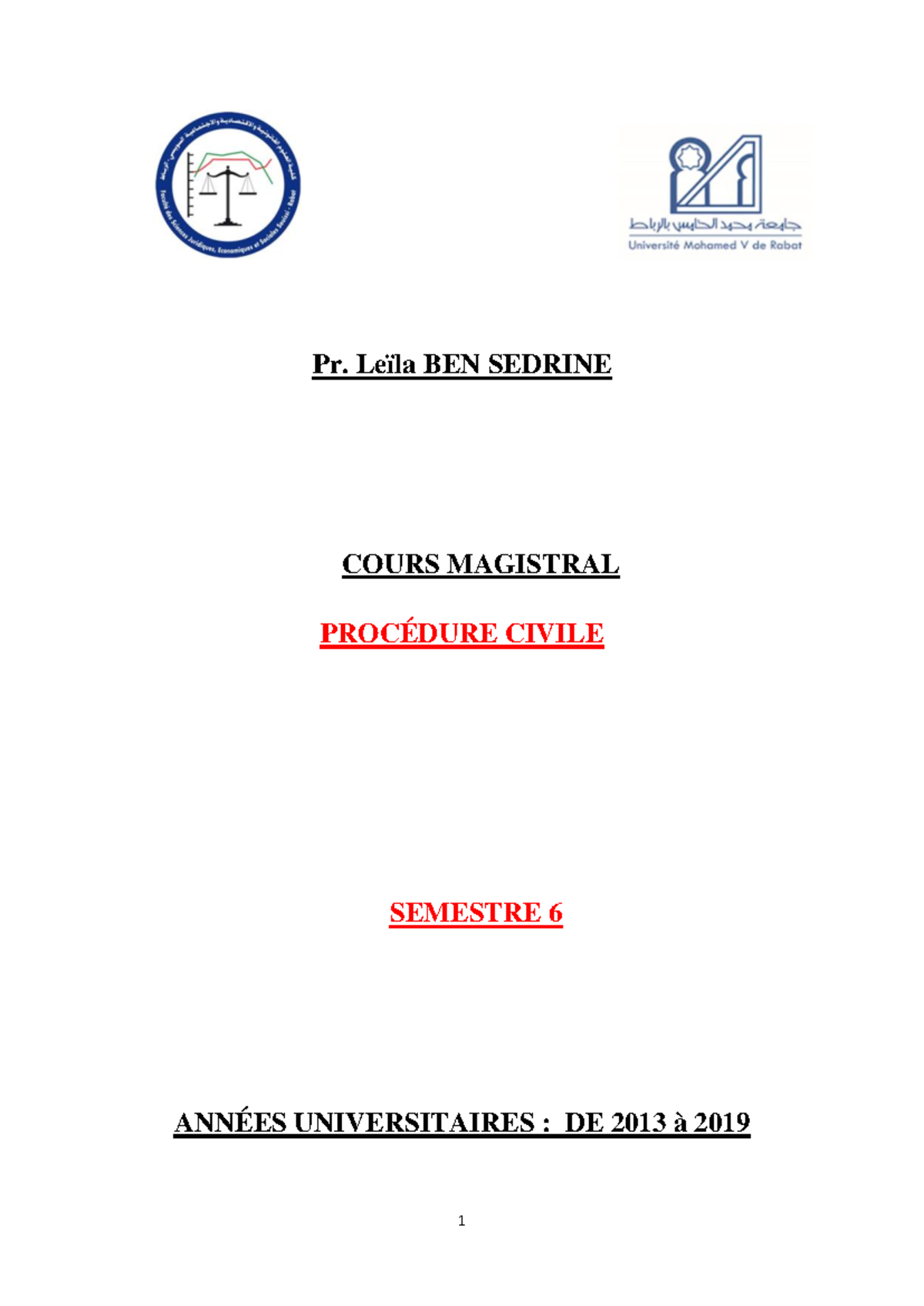 Cours magistral procédure civile 240402 215933 - Pr. Leïla BEN SEDRINE ...