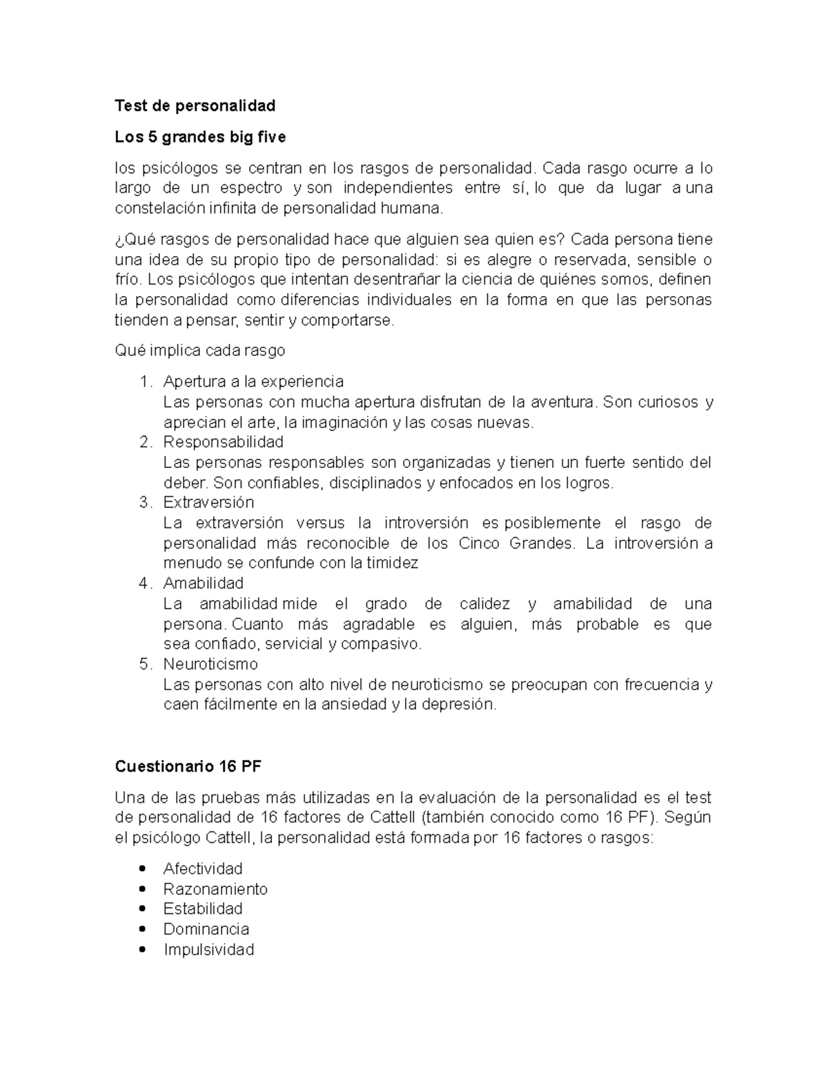 Test de personalidad entre otros test - Test de personalidad Los 5 ...