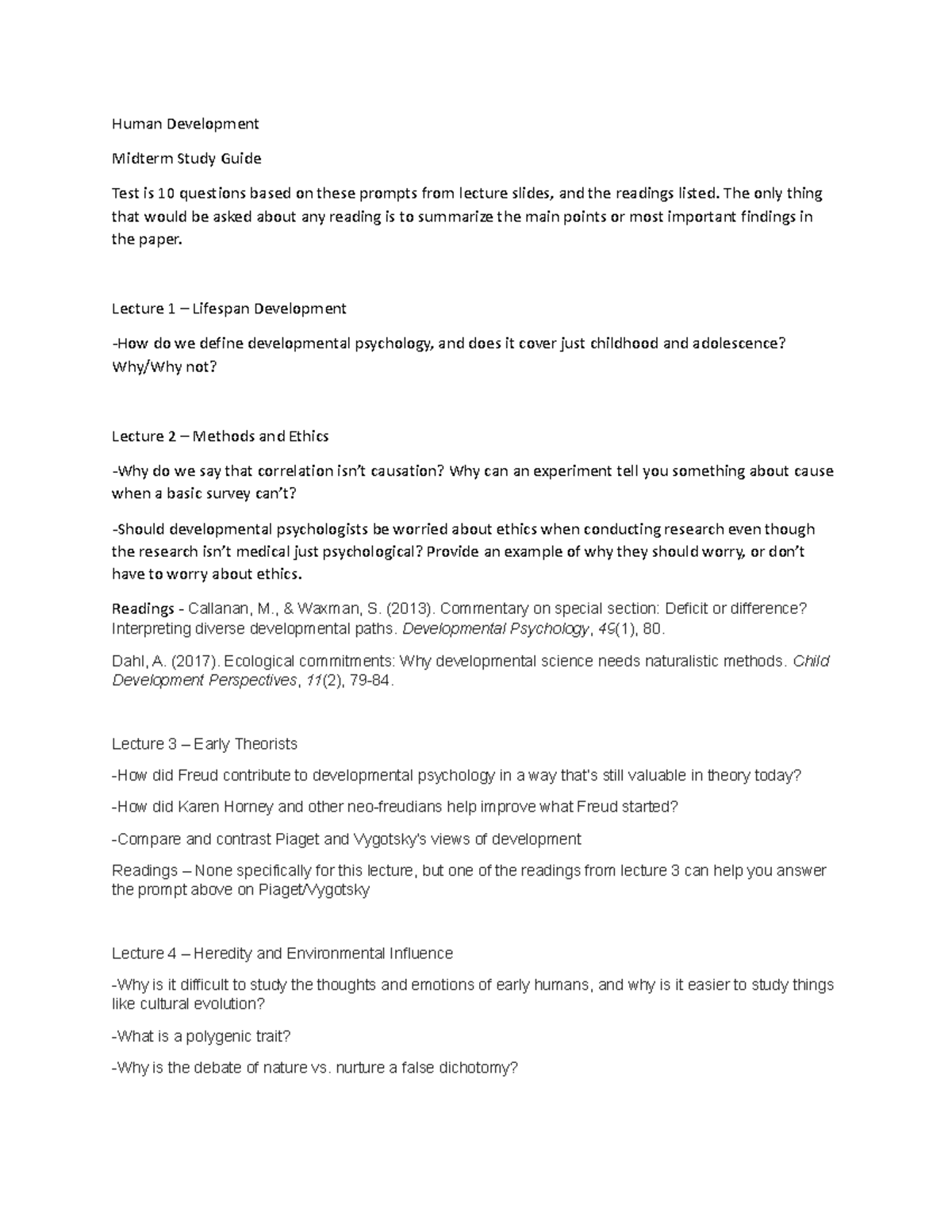 PSYCH 150 Midterm - Human Development Midterm Study Guide Test is 10 ...