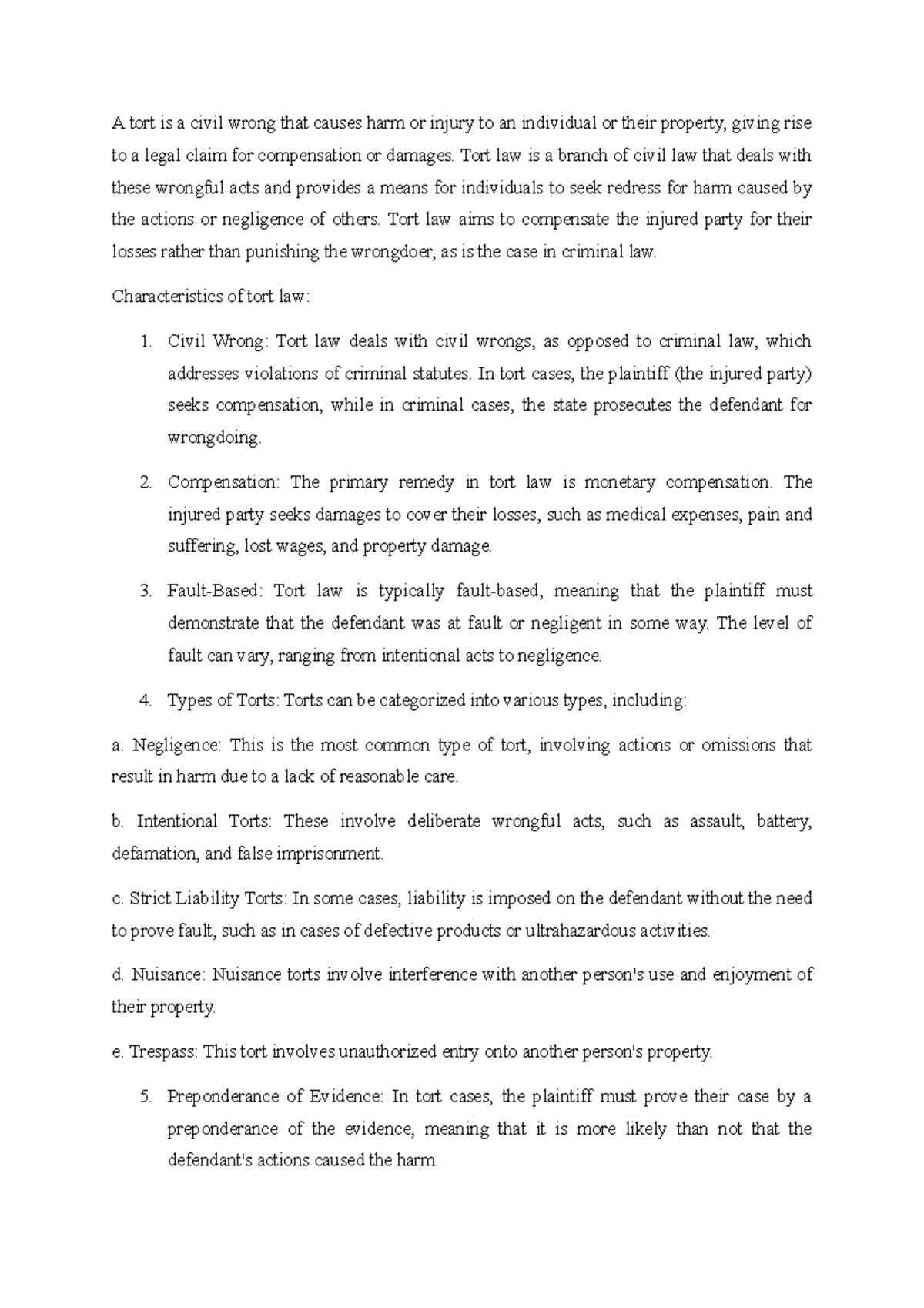 A tort intro - A tort is a civil wrong that causes harm or injury to an ...