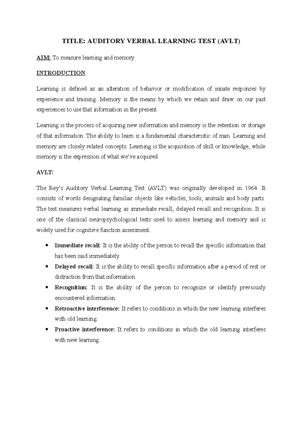 AVLT - The practical is about Rey's Auditory Verbal Learning test. The ...