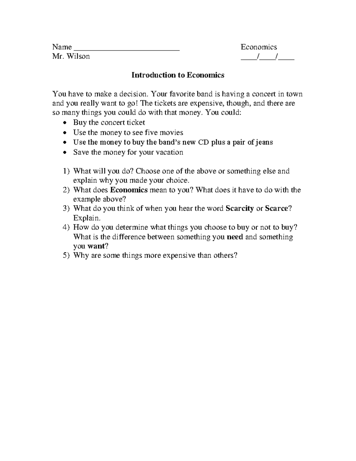 Intro - Name __________________________ Economics Mr. Wilson ...