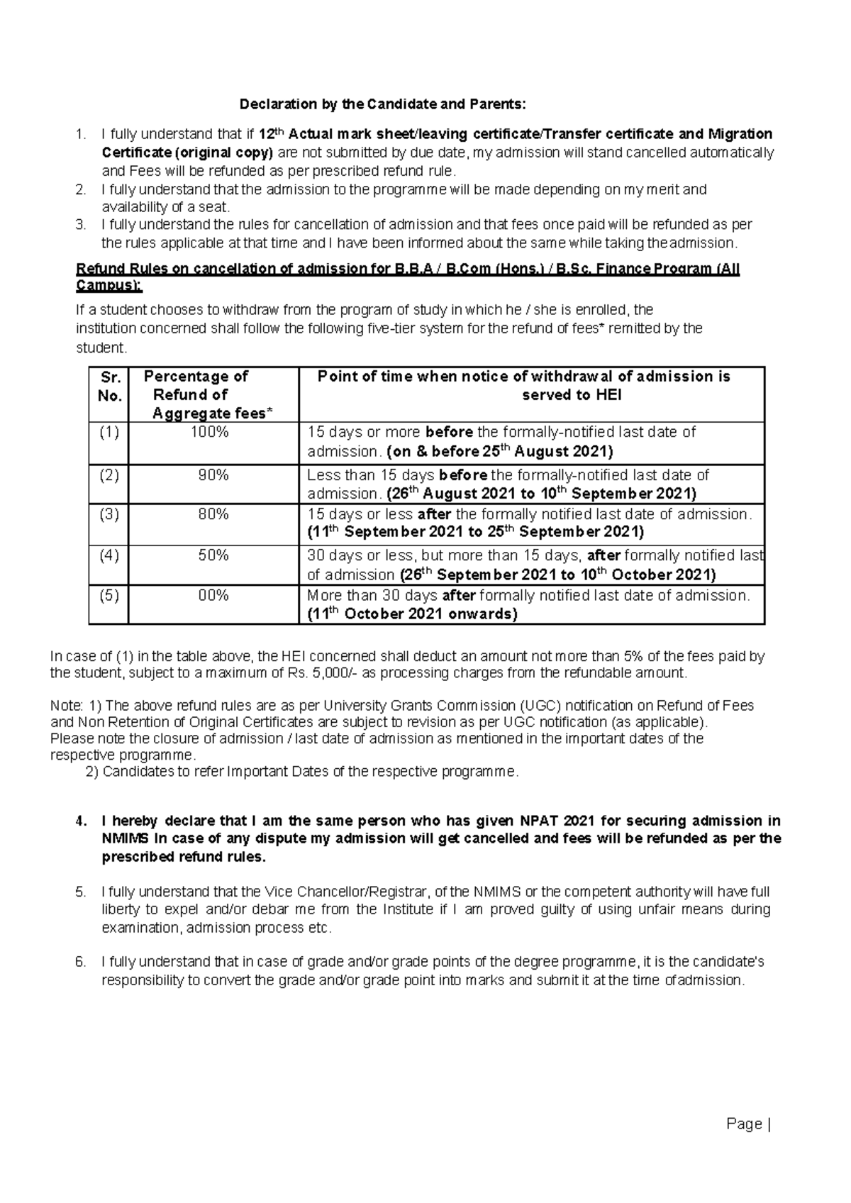 Declaration by the Candidate and Parents Filled - Page | Declaration by ...