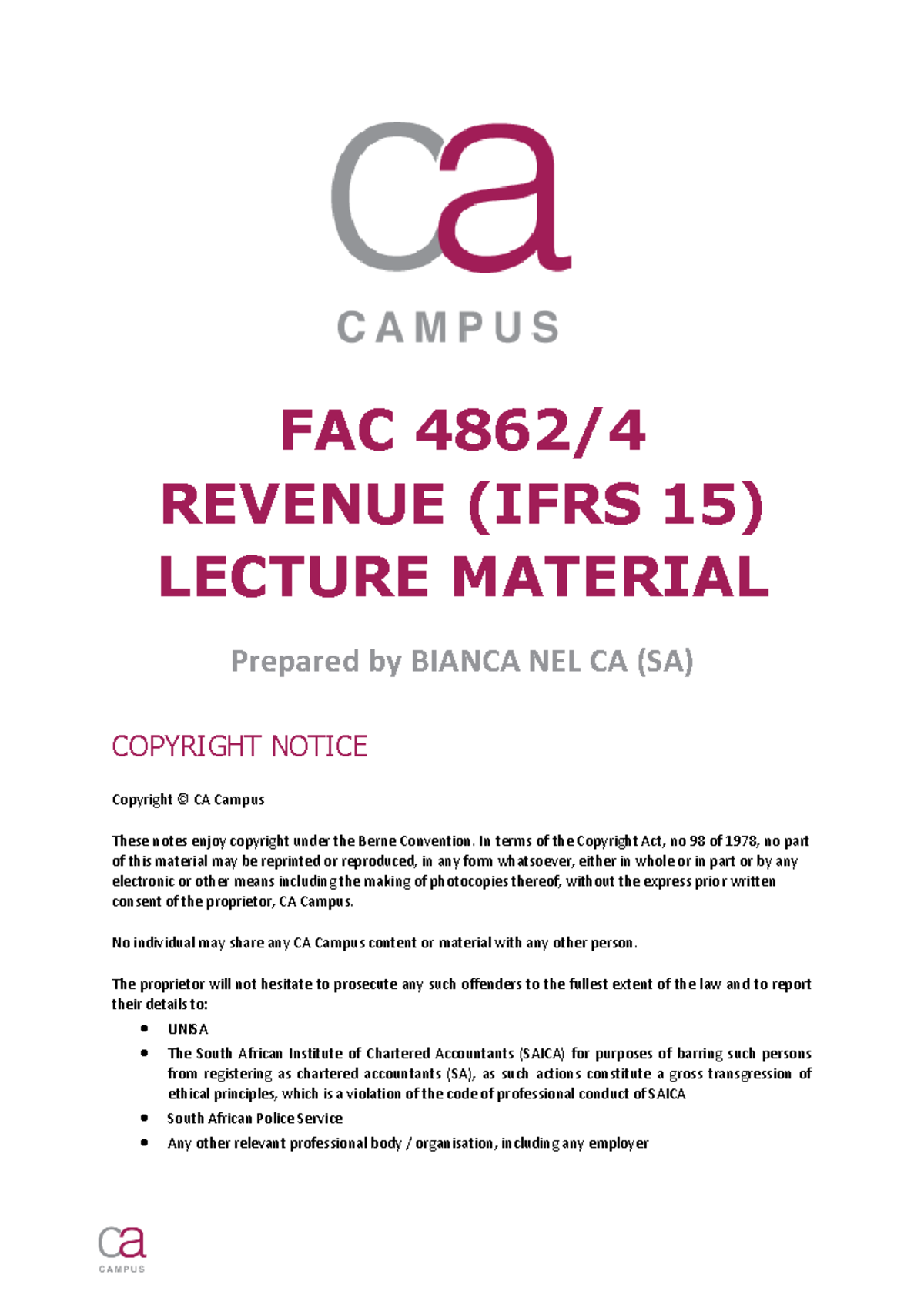 FAC 4862-4 - Week 7 - IFRS 15 Lecture Notes-1 - FAC 4862/ REVENUE (IFRS ...