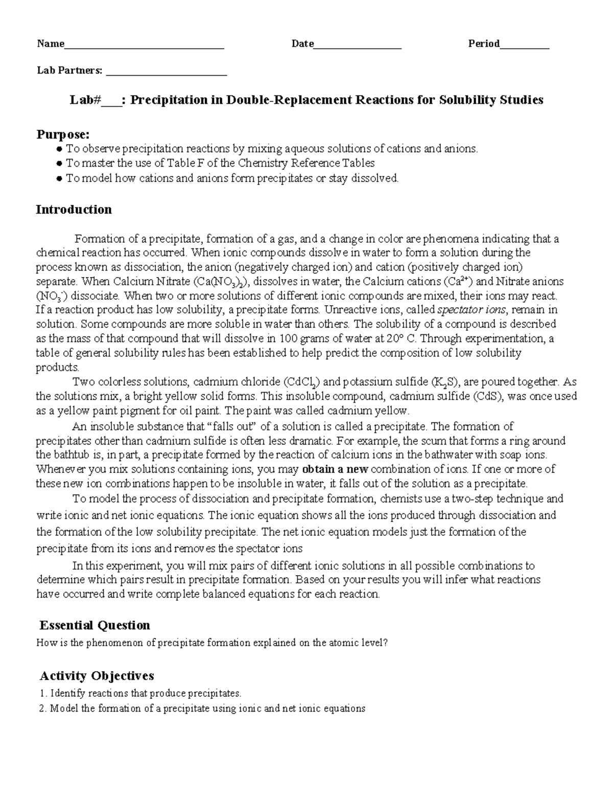 Lab - Double Replacement - Name_____________________________ Date ...