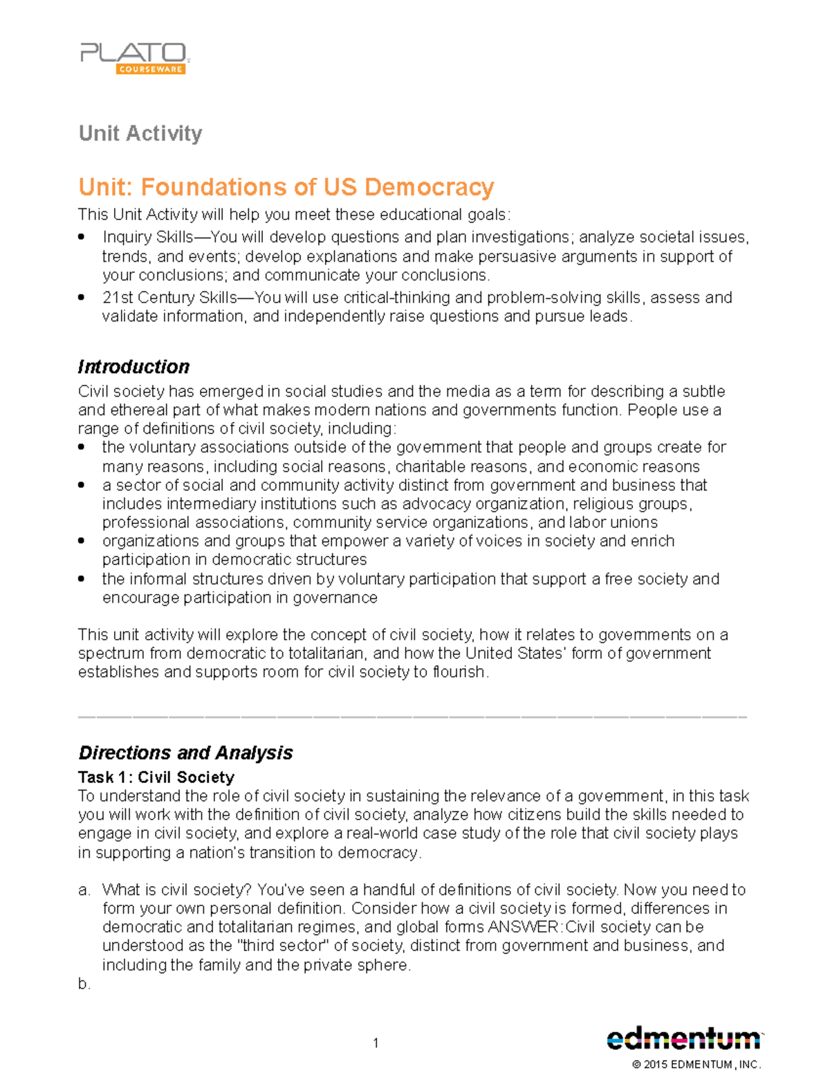 A1 Foundations of US Democracy UA - Unit Activity Unit: Foundations of ...
