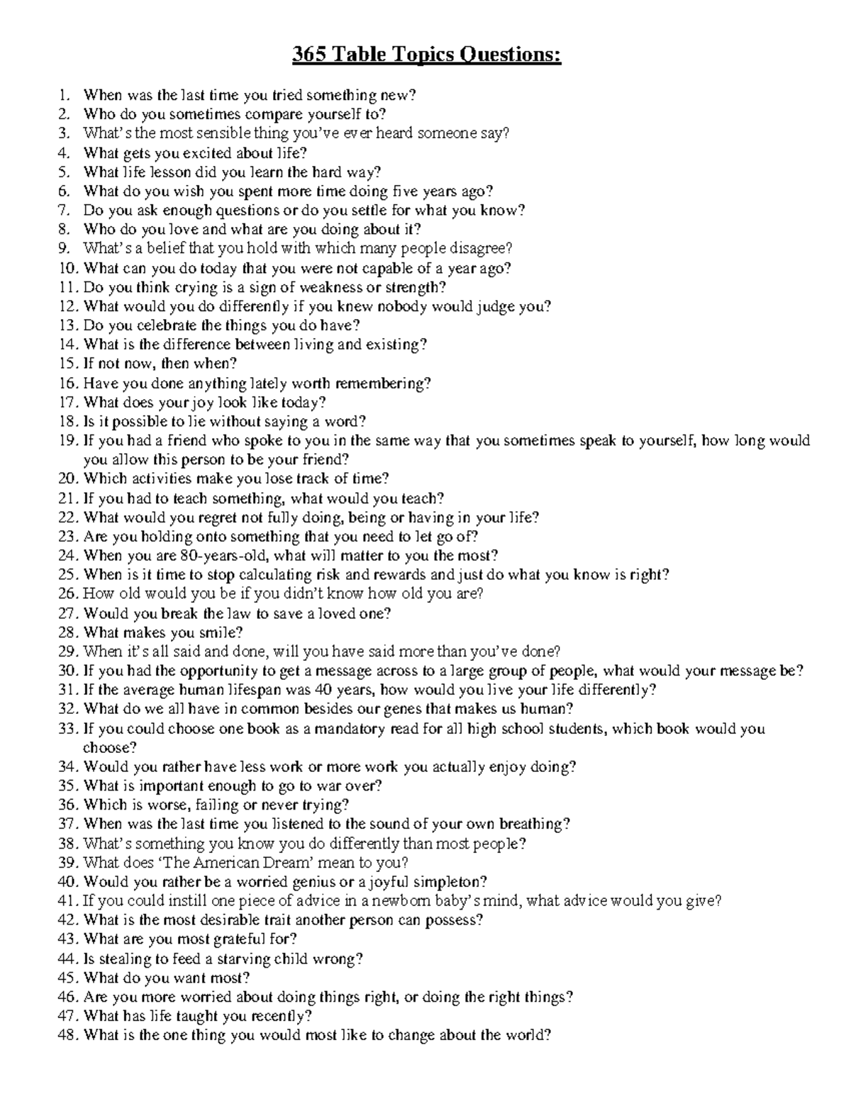 365 Sample Table Topics Questions 365 Table Topics Questions When