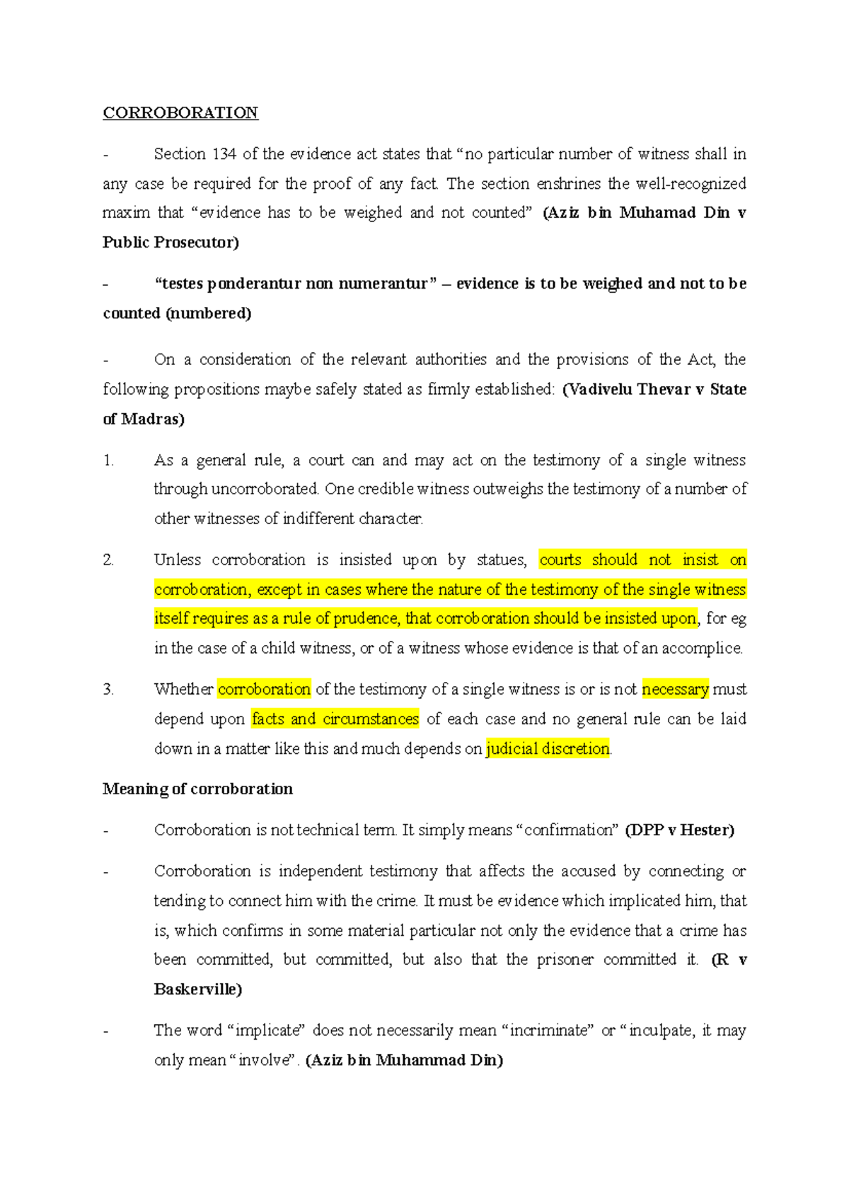 Corroboration - Summary Evidence Law II - 134 of the evidence act ...