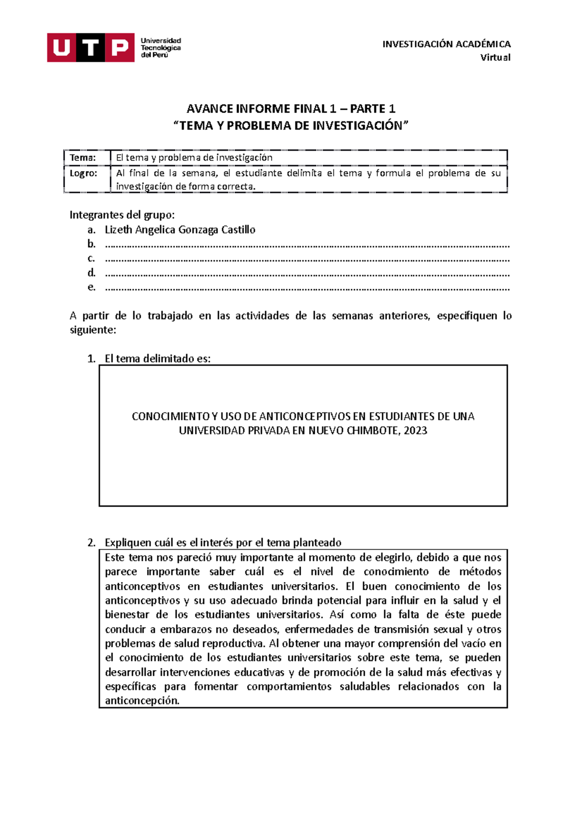 Semana 03-Formato Avance de Informe Final 1 - Parte 1 Tema y problema de investigación - AVANCE ...
