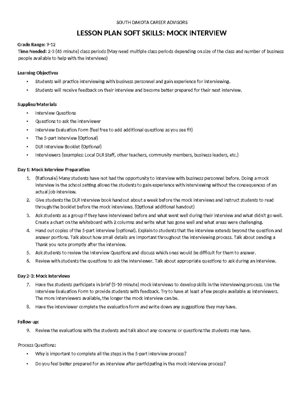4-7 mock interview - SOUTH DAKOTA CAREER ADVISORS LESSON PLAN SOFT ...
