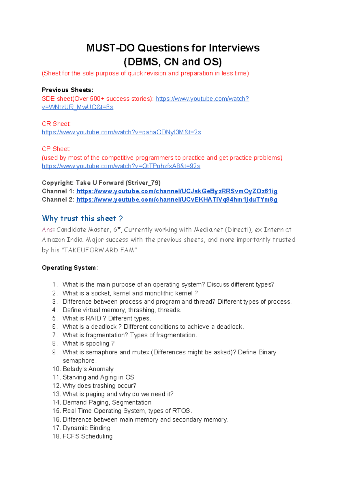 Sde Sheet Core Striver Must Do Questions For Interviews Dbms Cn And Os Sheet For The Sole