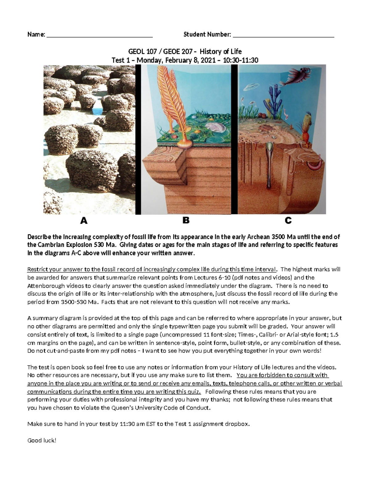 Test 1 - Geol 107 - Name: Student Number: GEOL 107 / GEOE 207 - History ...