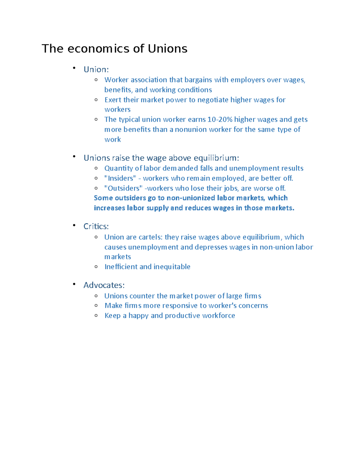 The economics of Unions - o "Outsiders" -workers who lose their jobs ...