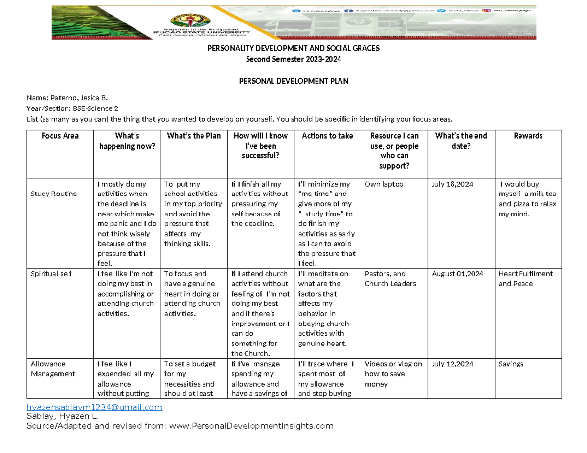 Personal Development PLAN - PERSONALITY DEVELOPMENT AND SOCIAL GRACES ...
