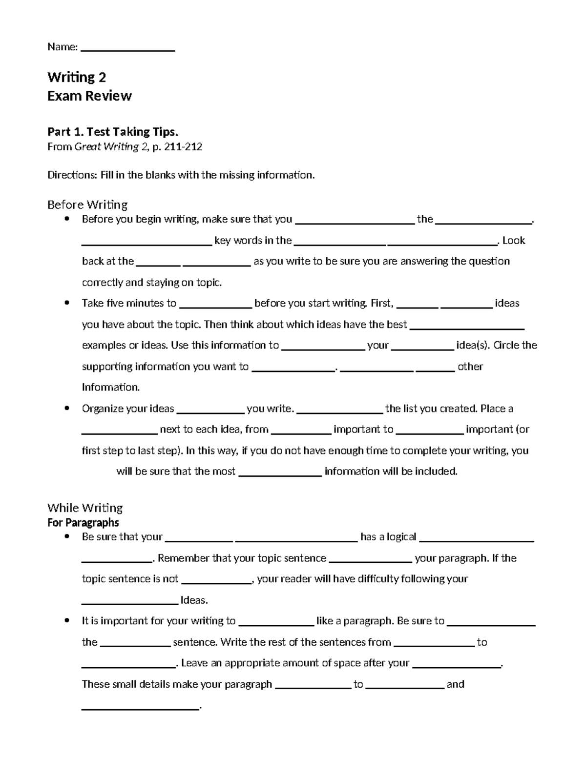 Final Exam Review - Name: Writing 2 Exam Review Part 1. Test Taking ...