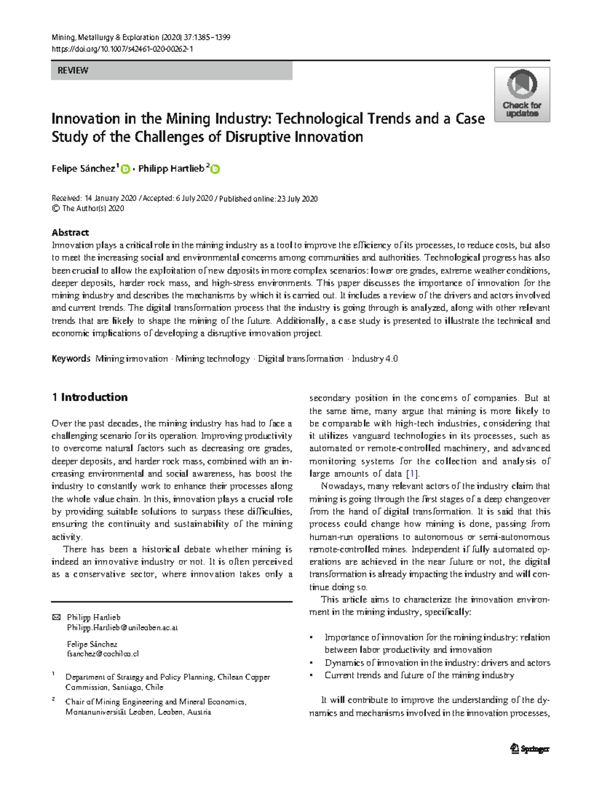 S42461 020 00262 1 - fbvb - REVIEW Innovation in the Mining Industry ...