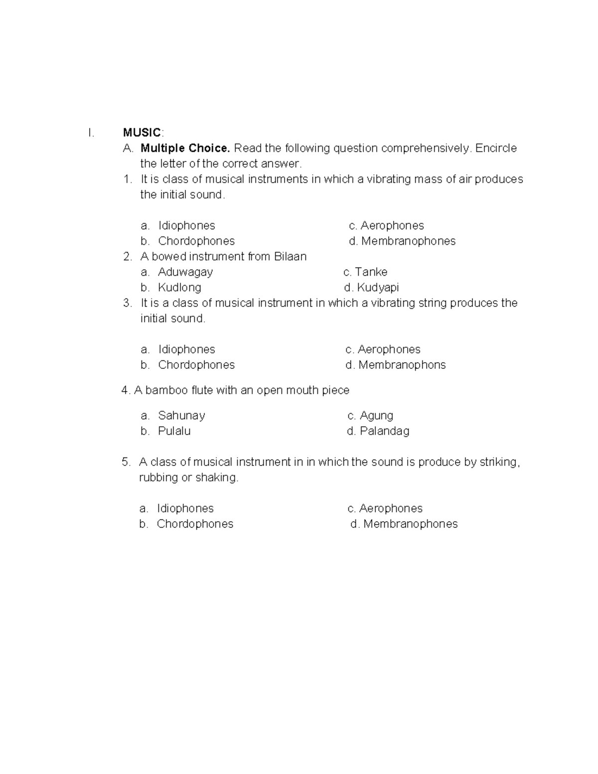 Mapeh 7 EXAM - I. MUSIC: A. Multiple Choice. Read the following ...