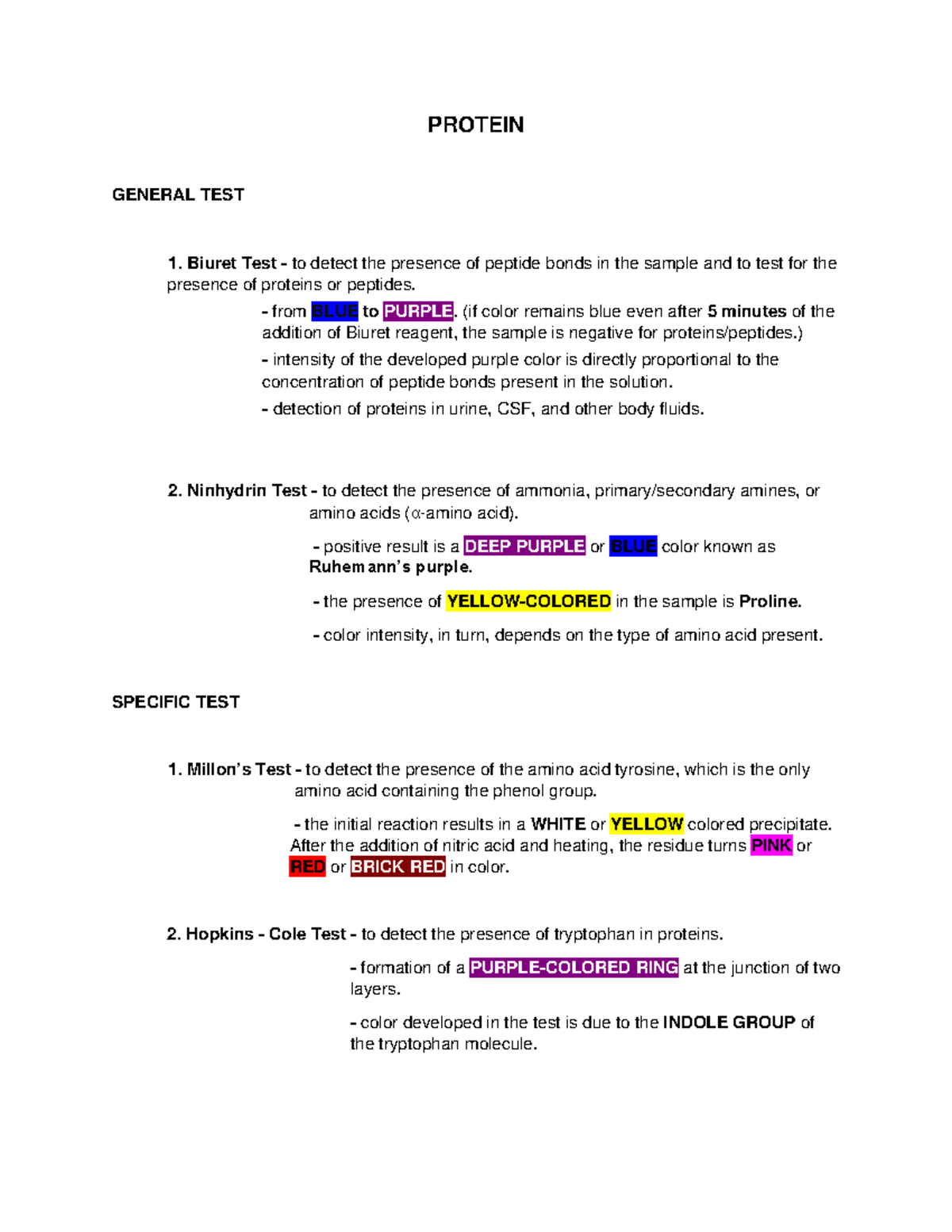 Protein - lab notes - I hope it helps. - PROTEIN GENERAL TEST Biuret ...