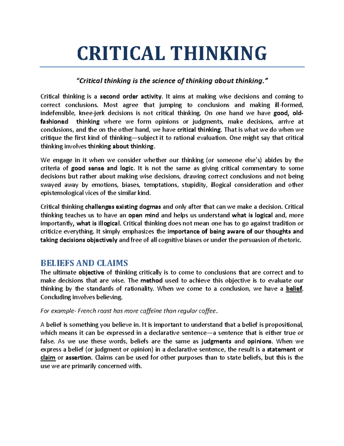 Critical Thinking GE Philosophy - CRITICAL THINKING “Critical thinking ...
