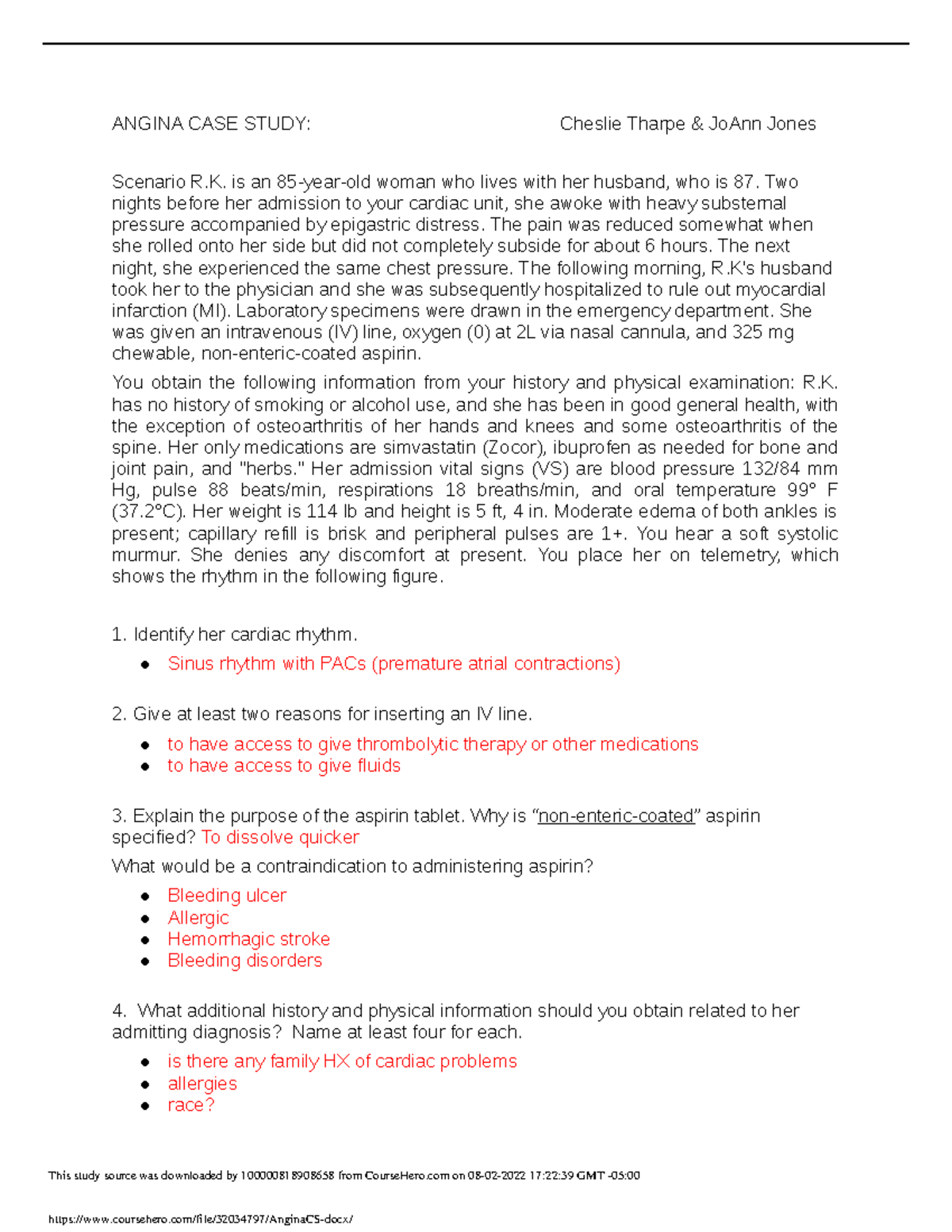 282 Lab Case Study Angina - ANGINA CASE STUDY: Cheslie Tharpe & JoAnn ...