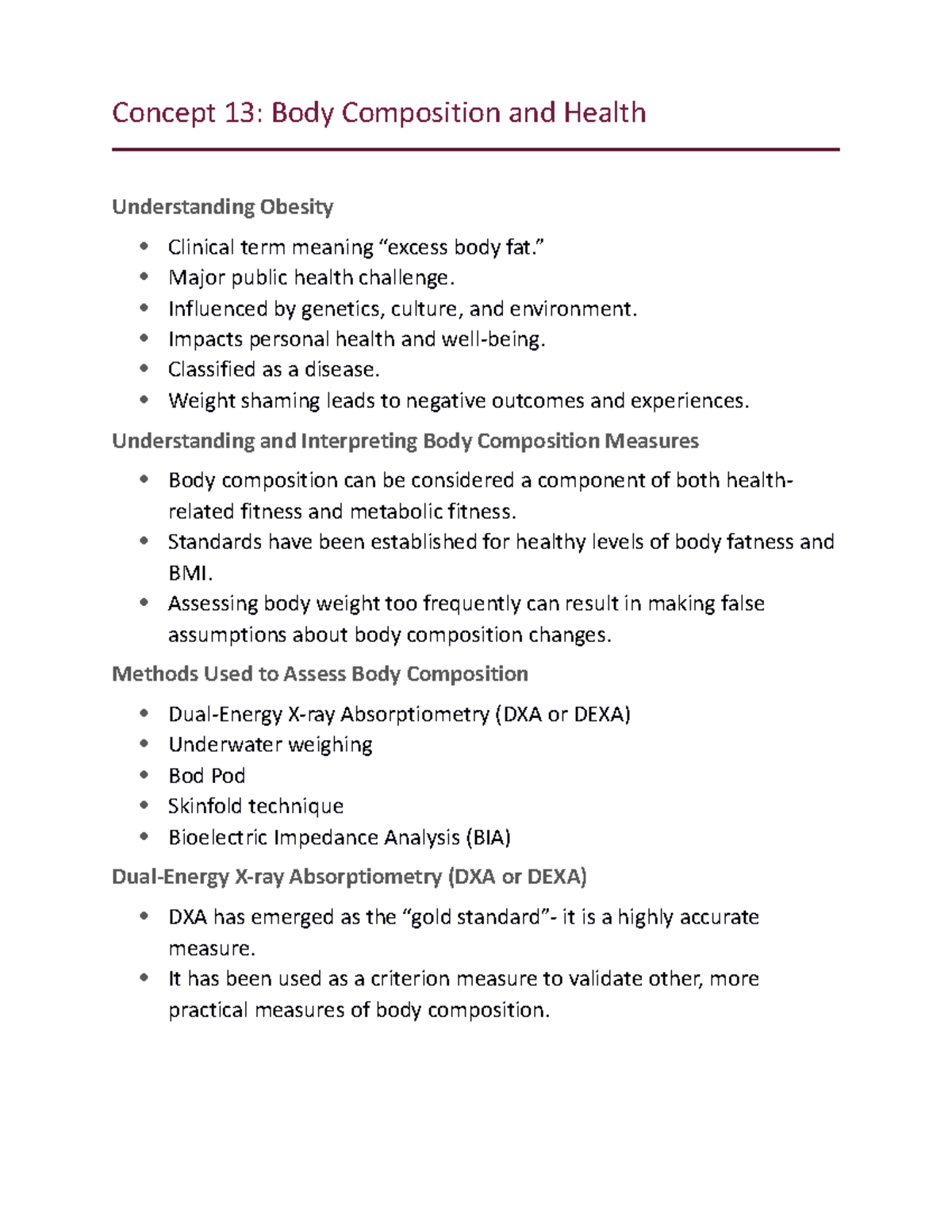 Concept 13 notes - Concept 13: Body Composition and Health ...